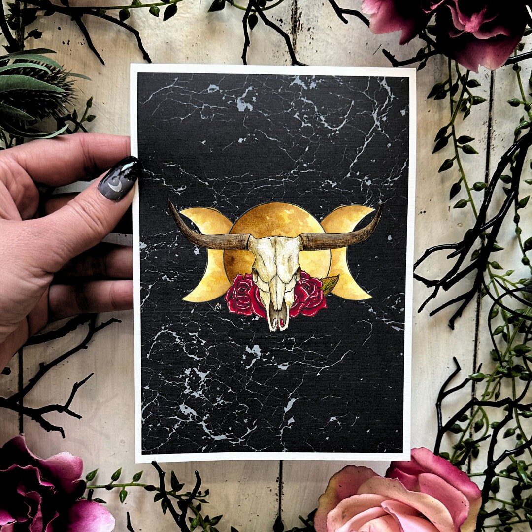 Witchy Western Art Print: Triple Moon Longhorn Skull, Gothic Home Decor ...