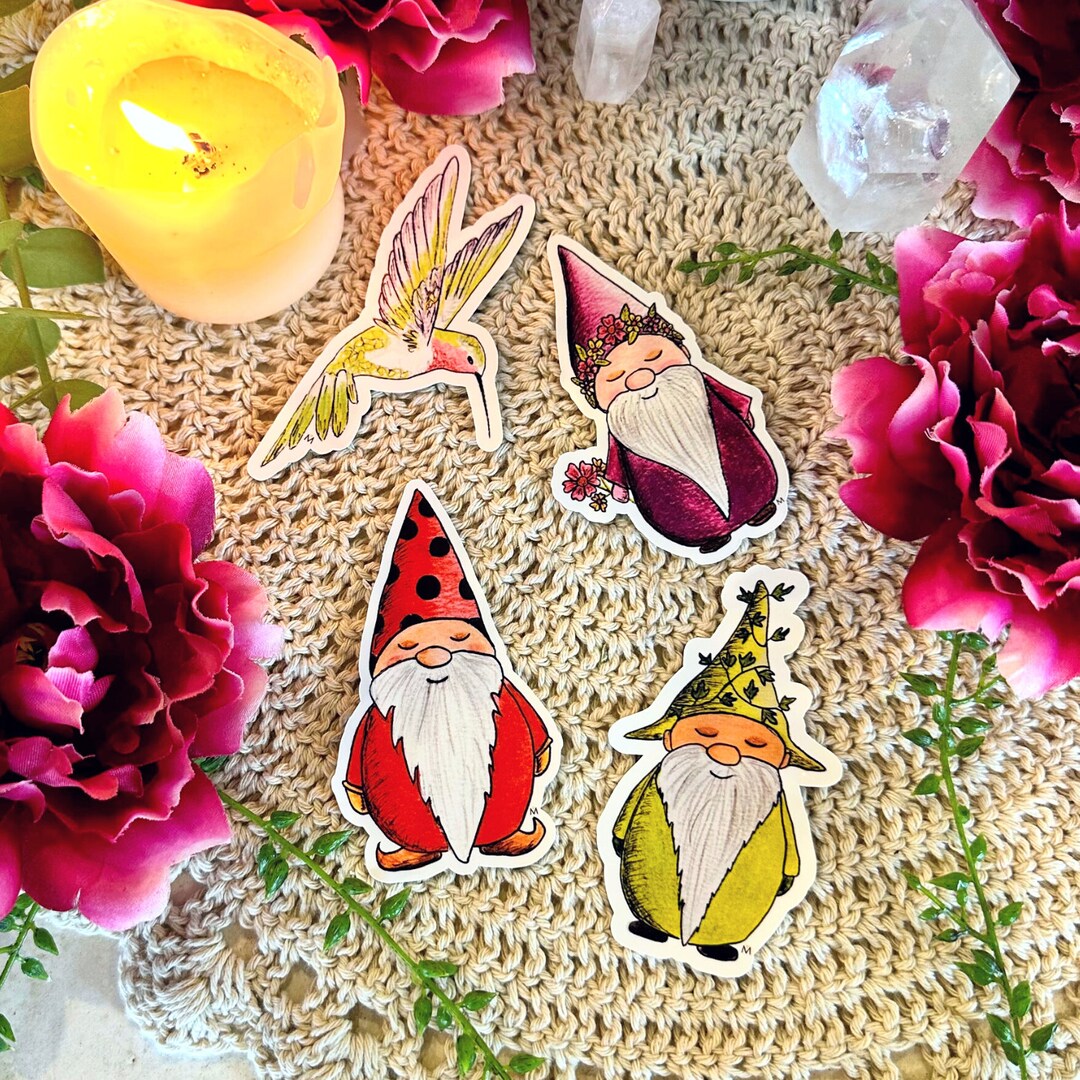 Garden Gnome Cottagecore Sticker Pack, Garden Gnomes and Hummingbird ...