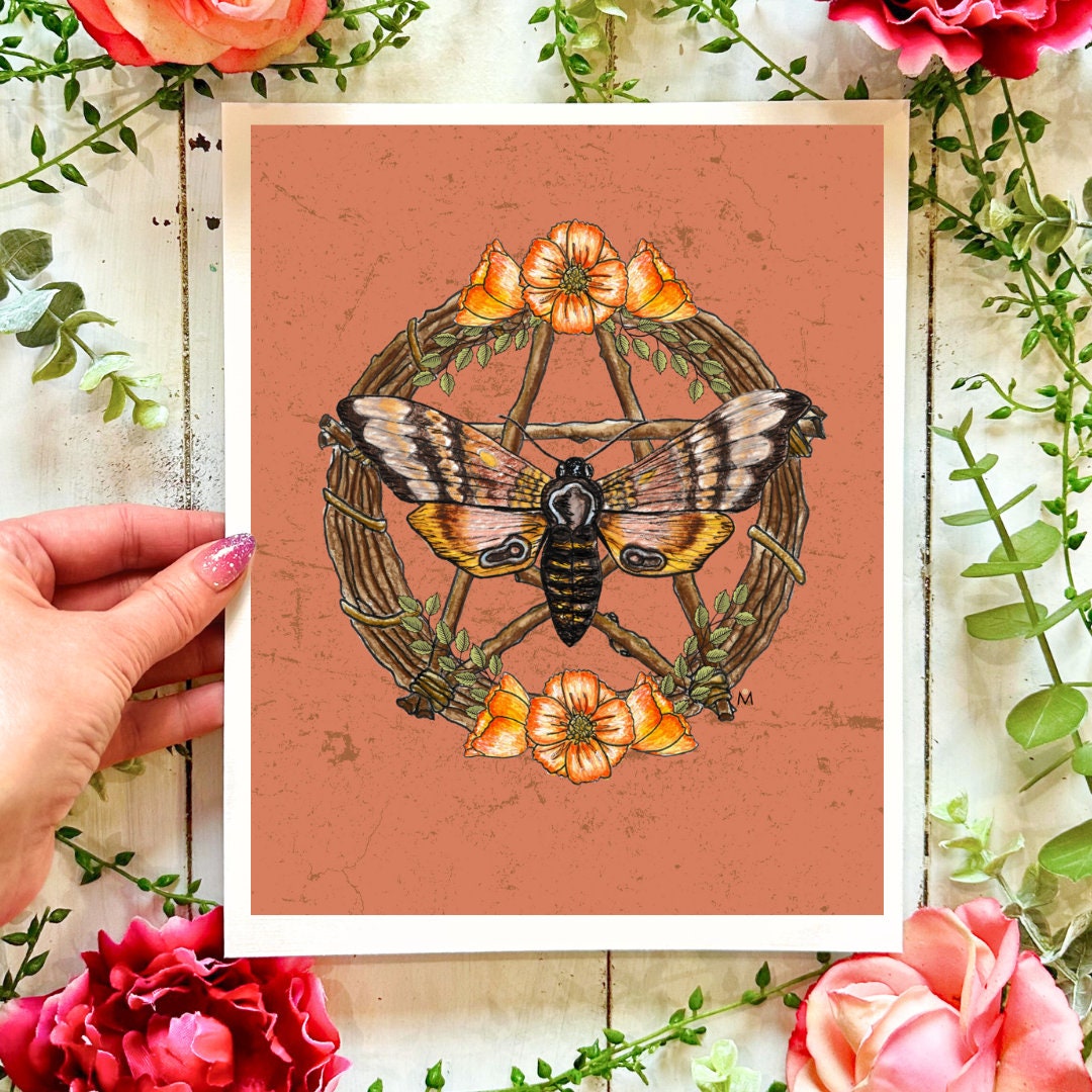 Witchy Moth Art Print: Floral Pentagram, Hand-illustrated Pagan Decor ...