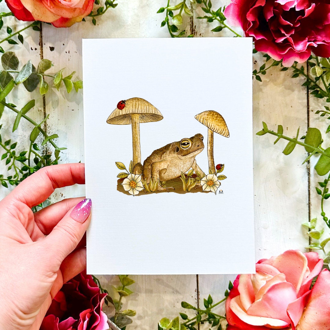 Cottagecore Frog Art Print: Mushroom Design, Hand-illustrated - Etsy