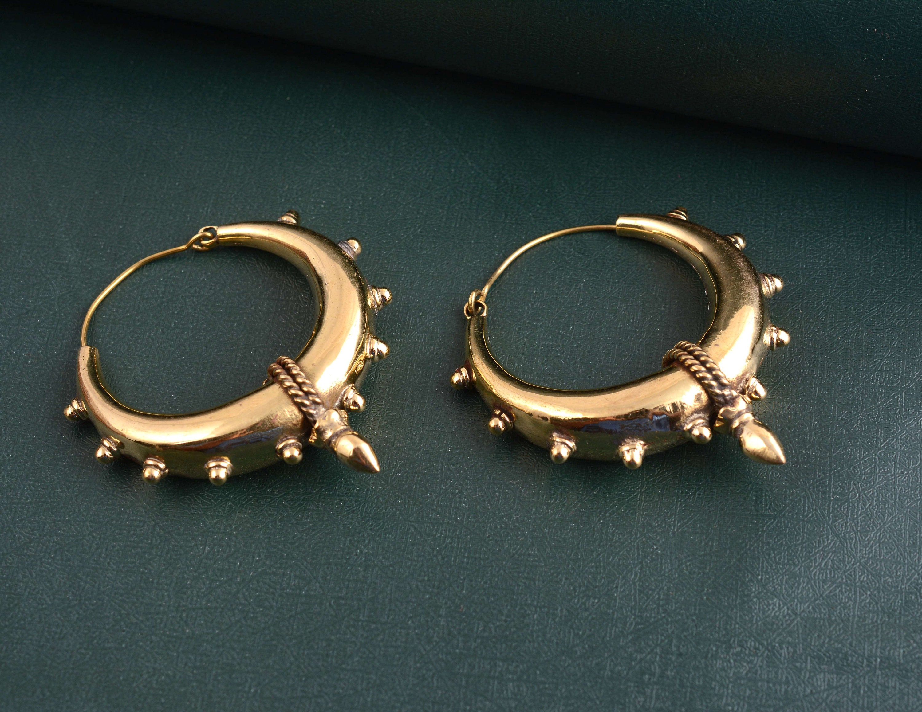 Big Tribal Spike Huggie Hoop chunky Gold Hoops Ethnic Boho - Etsy