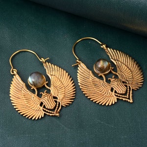 Scarab Earrings, Scarab Stone Earrings, Labradorite Stone, Golden ...