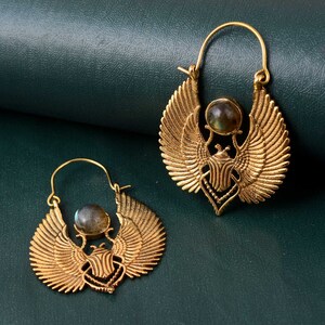 Scarab Earrings, Scarab Stone Earrings, Labradorite Stone, Golden ...