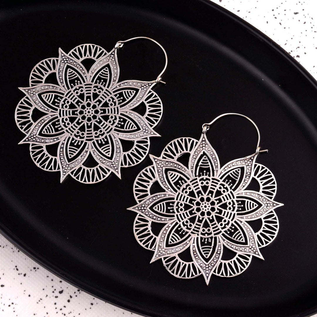 Pair of Lotus Flower Mandala Hoop Earrings Thanks Giving Gift ,statement Earrings Indian Big ...