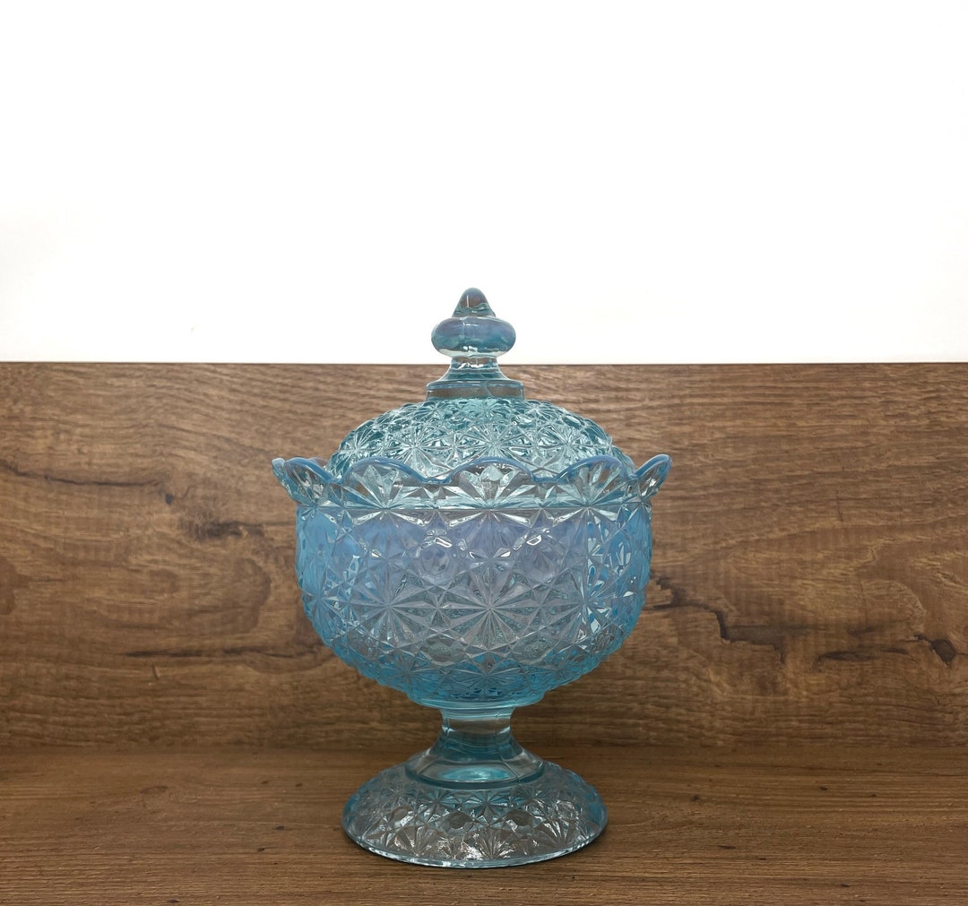 Vintage Fenton Blue Opalescent Daisy and Button Covered Pedestal Dish ...