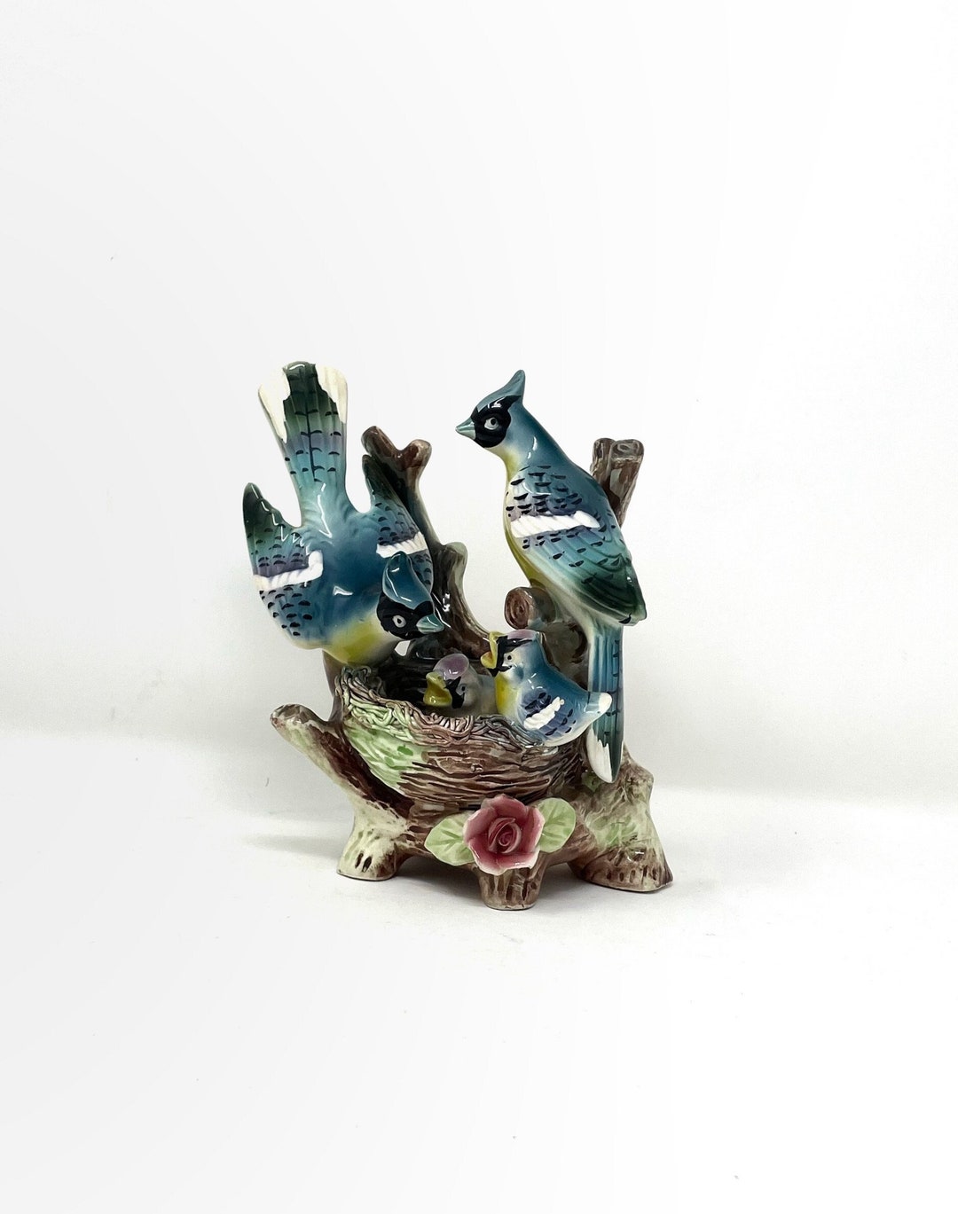 Vintage Ceramic Blue Bird in Nest Figurine Blue Jay Family - Etsy