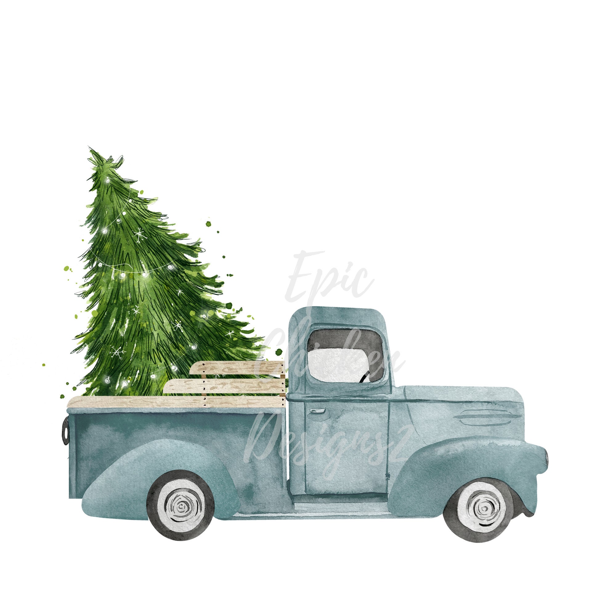 Old Christmas Truck PNG Christmas Truck PNG Denim Blue Watercolor Truck ...