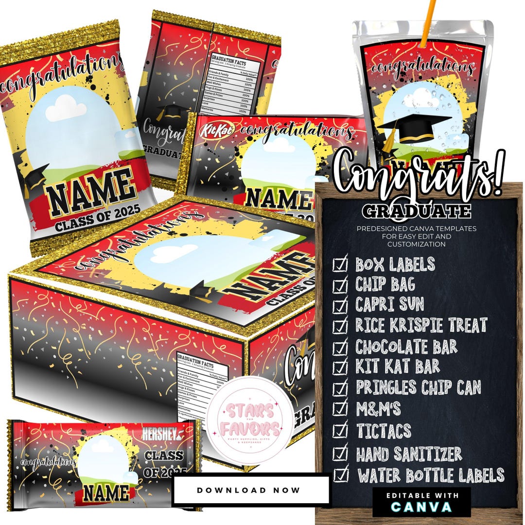 Class of 2025 Graduation Gift Box Party Favor Canva Templates Red Gold ...