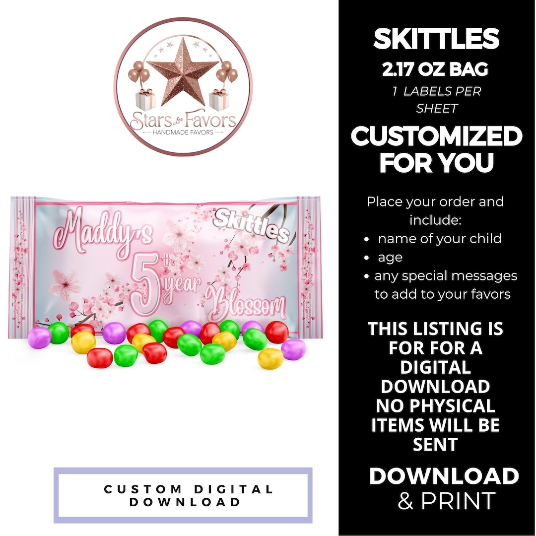 Cherry Blossom Skittles Candy Wrapper Label Birthday Favor, Bloom Party ...