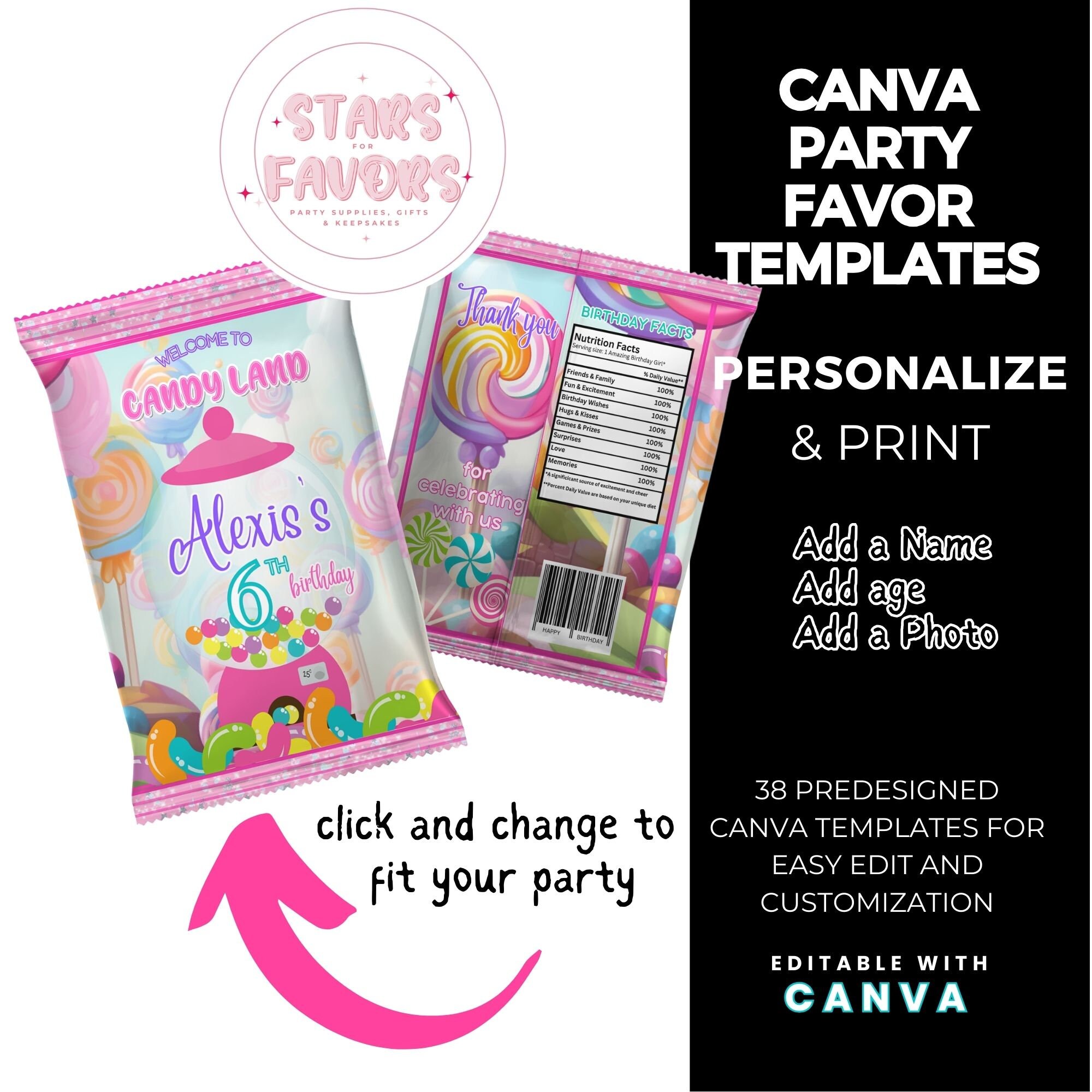 Candy Land Sweets Birthday Party CANVA Templates Party Favor Custom ...