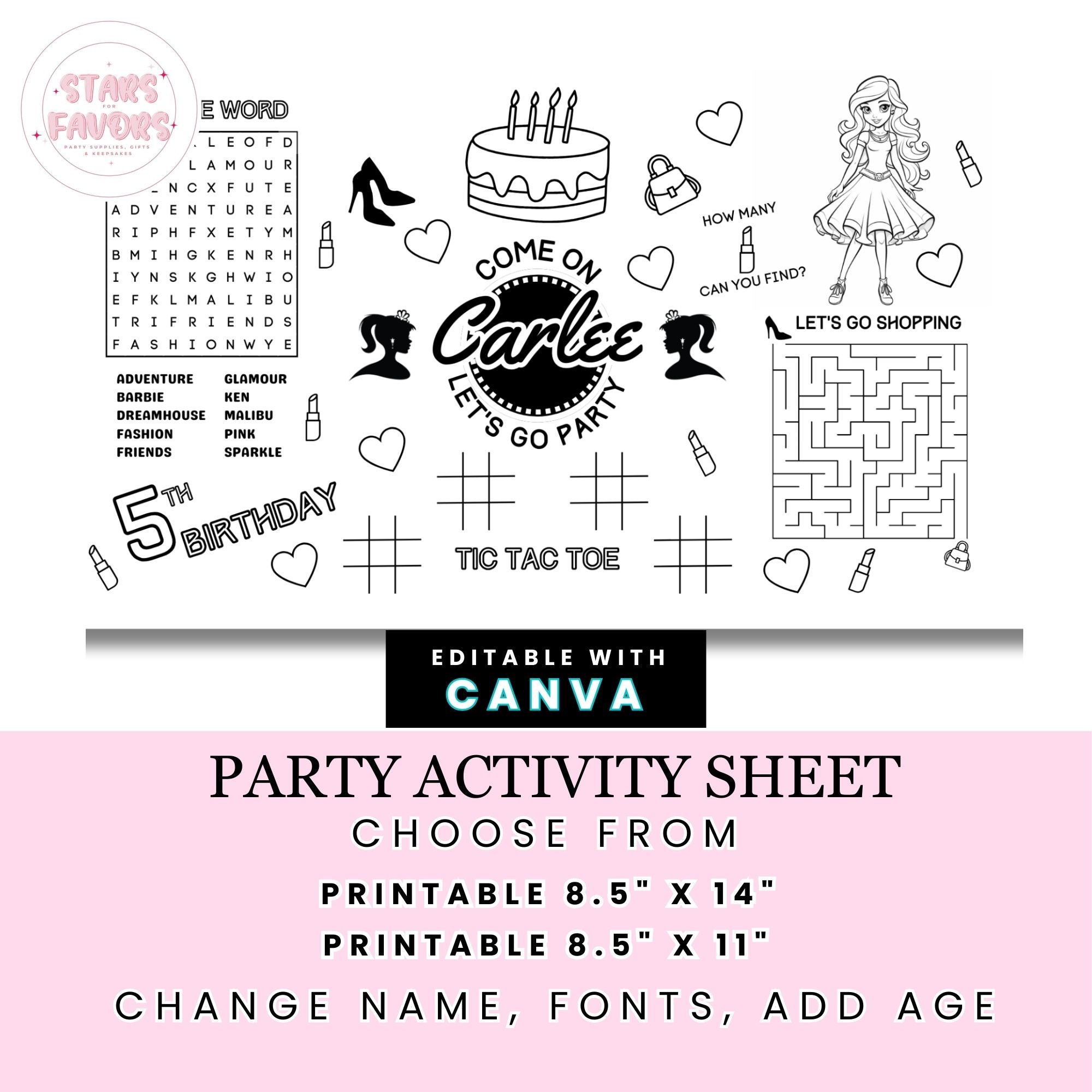 Fashion Doll Birthday Party Coloring Placemat, Personalized, Printable ...