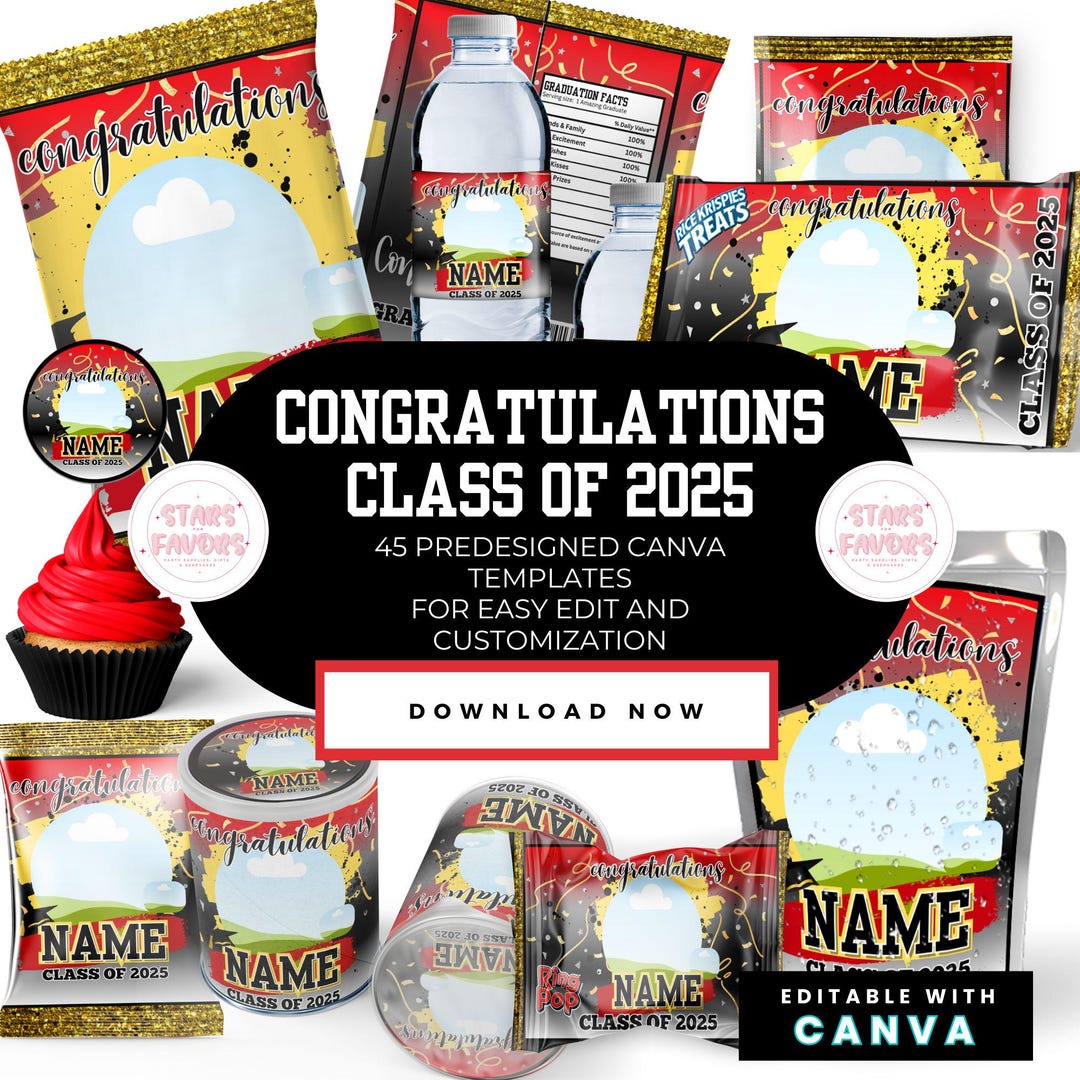 Class of 2025 Graduation Party Favor Canva Template Bundle, Chip Bags ...