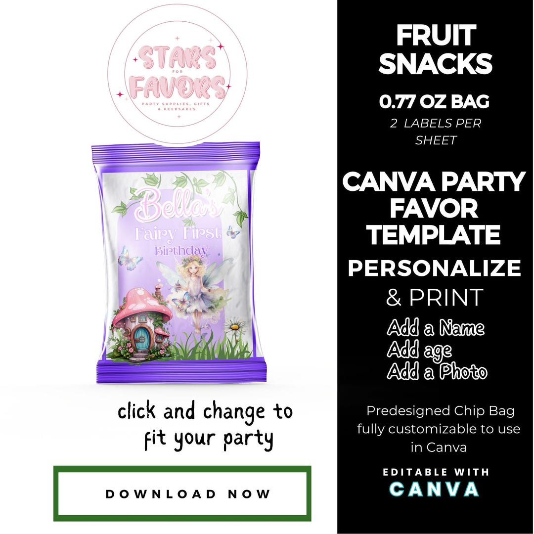 Fairy First Birthday Party Fruit Snacks Pouch Wrapper Label CANVA ...