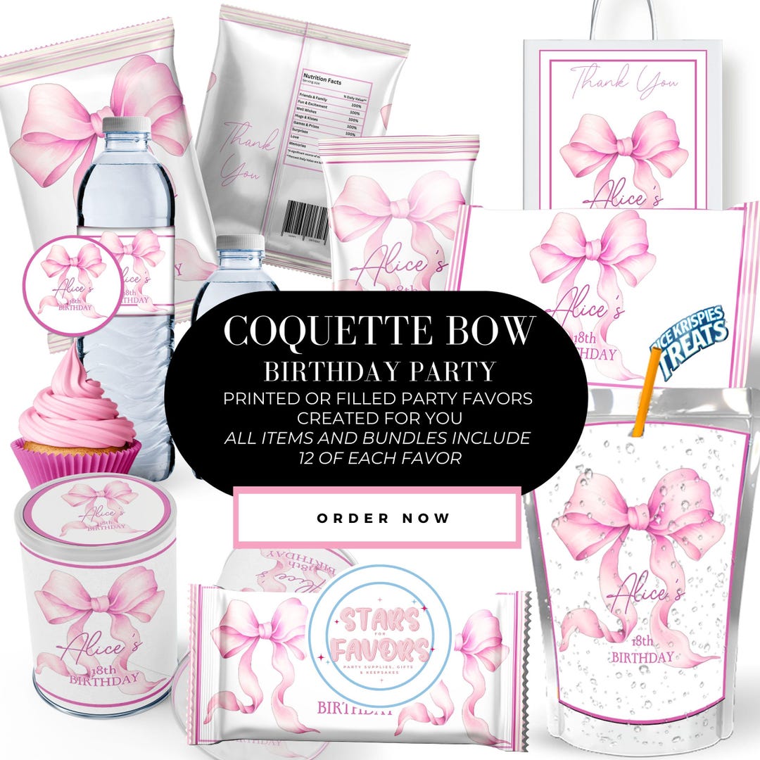 Pink Bow Birthday Party Favors Girl, Pink Coquette Bow Treat Label ...