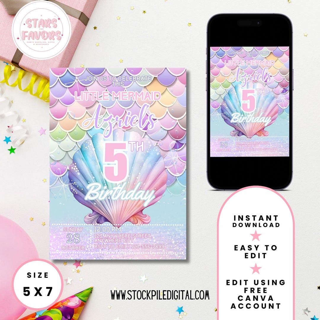 Mermaid Shells Party Birthday Invitation |mermaids Printable Invitation ...