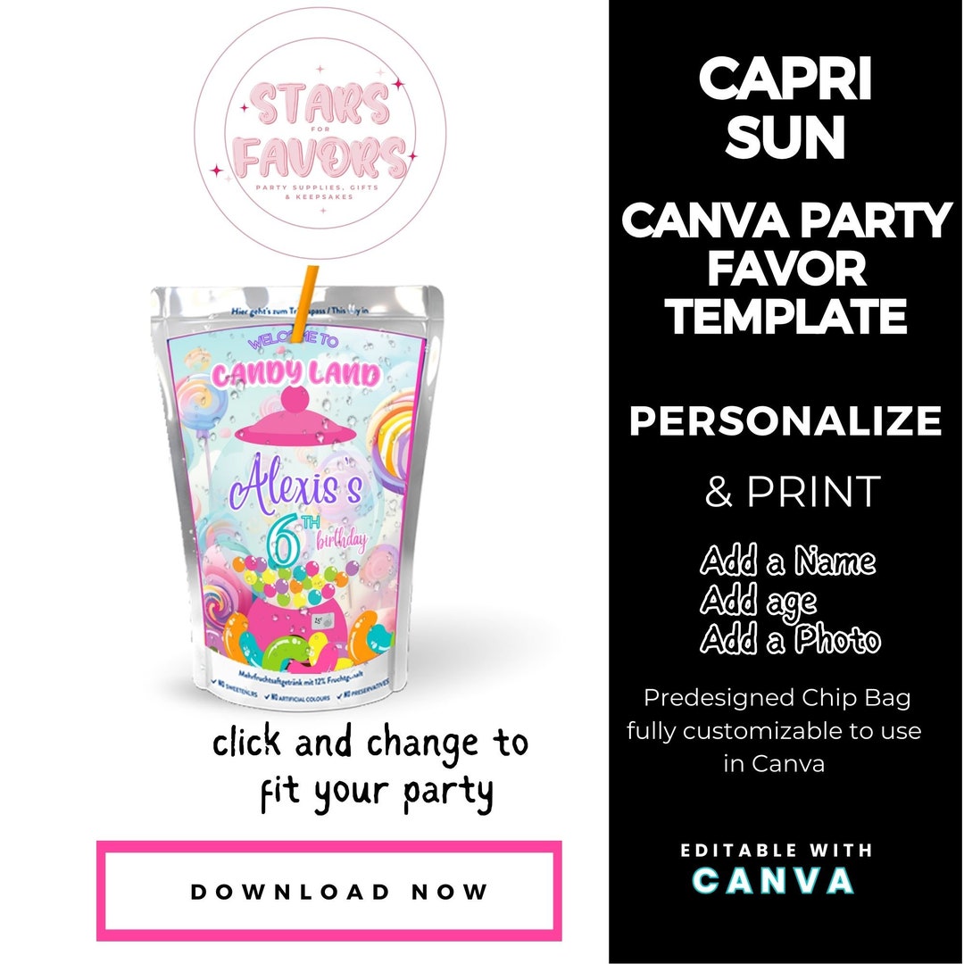 Candy Land Sweets Birthday Party Capri Sun Juice Pouch CANVA Template ...