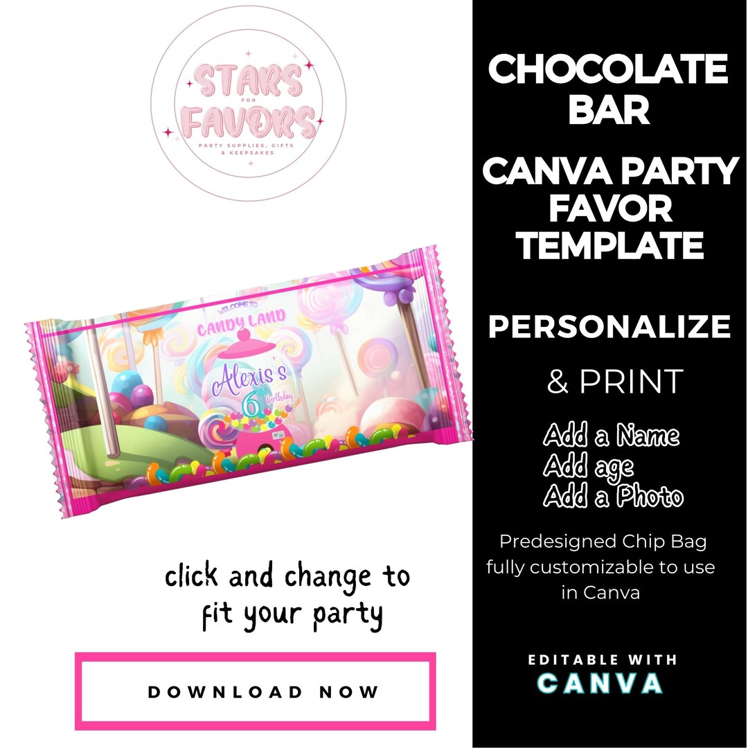 Candy Land Sweets Birthday Party Chocolate Bar Treat CANVA Template ...