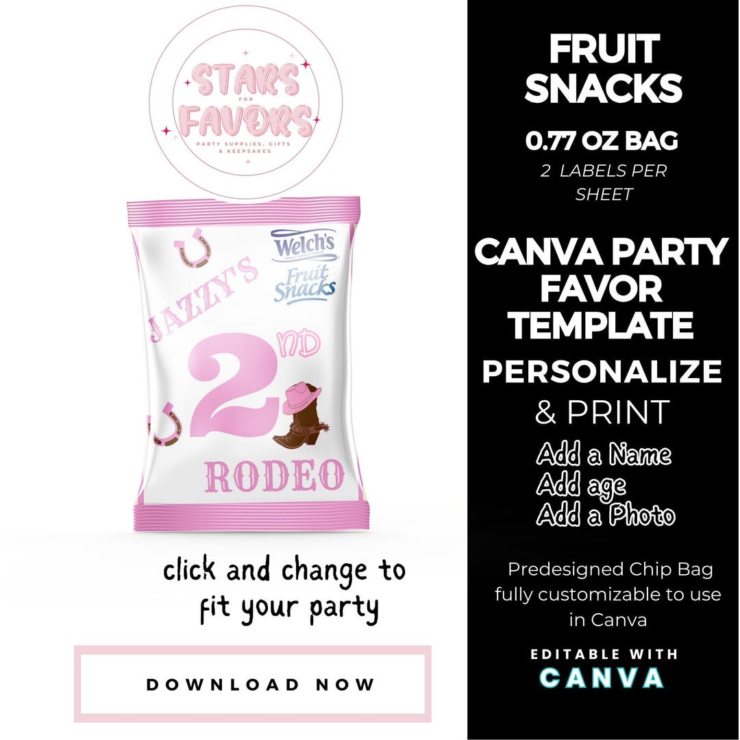 Pink Rodeo Birthday Party Fruit Snacks CANVA Templates Printable 1st ...