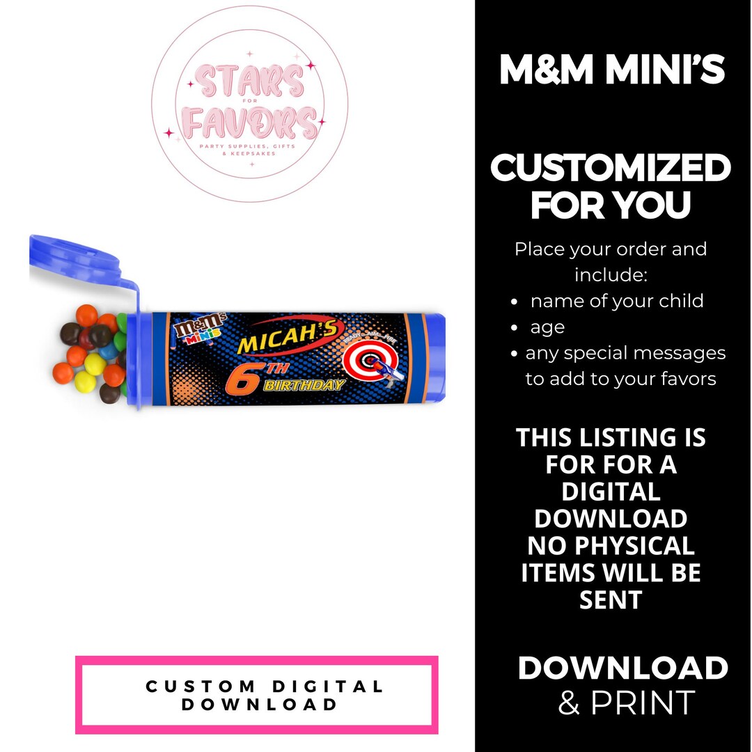Ready Aim Fire Nerf Dart Gun Birthday Party Custom M&M Minis Candy Tube ...