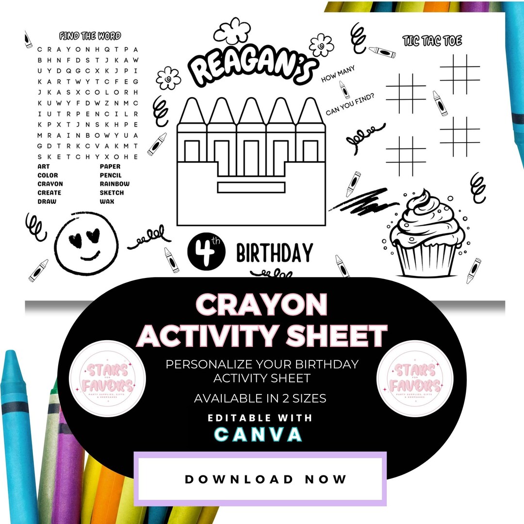 Crayon Birthday Party Coloring Placemat, Personalized, Printable ...