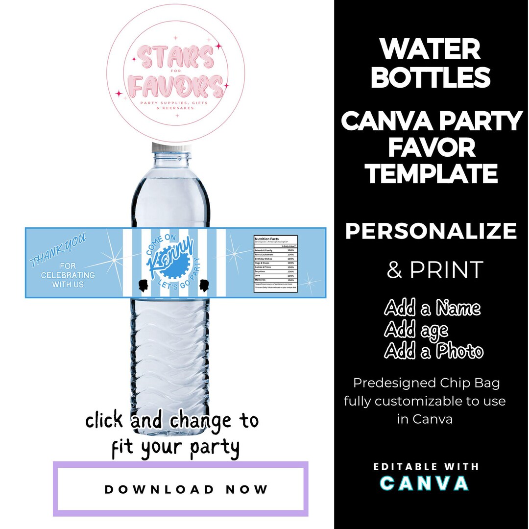 Ken Dolls Birthday Party CANVA Template Water Bottle Drink Label Custom ...