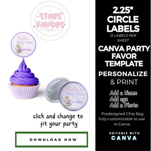 Fairy First Birthday Party Circle Label Cupcake Topper Label CANVA ...