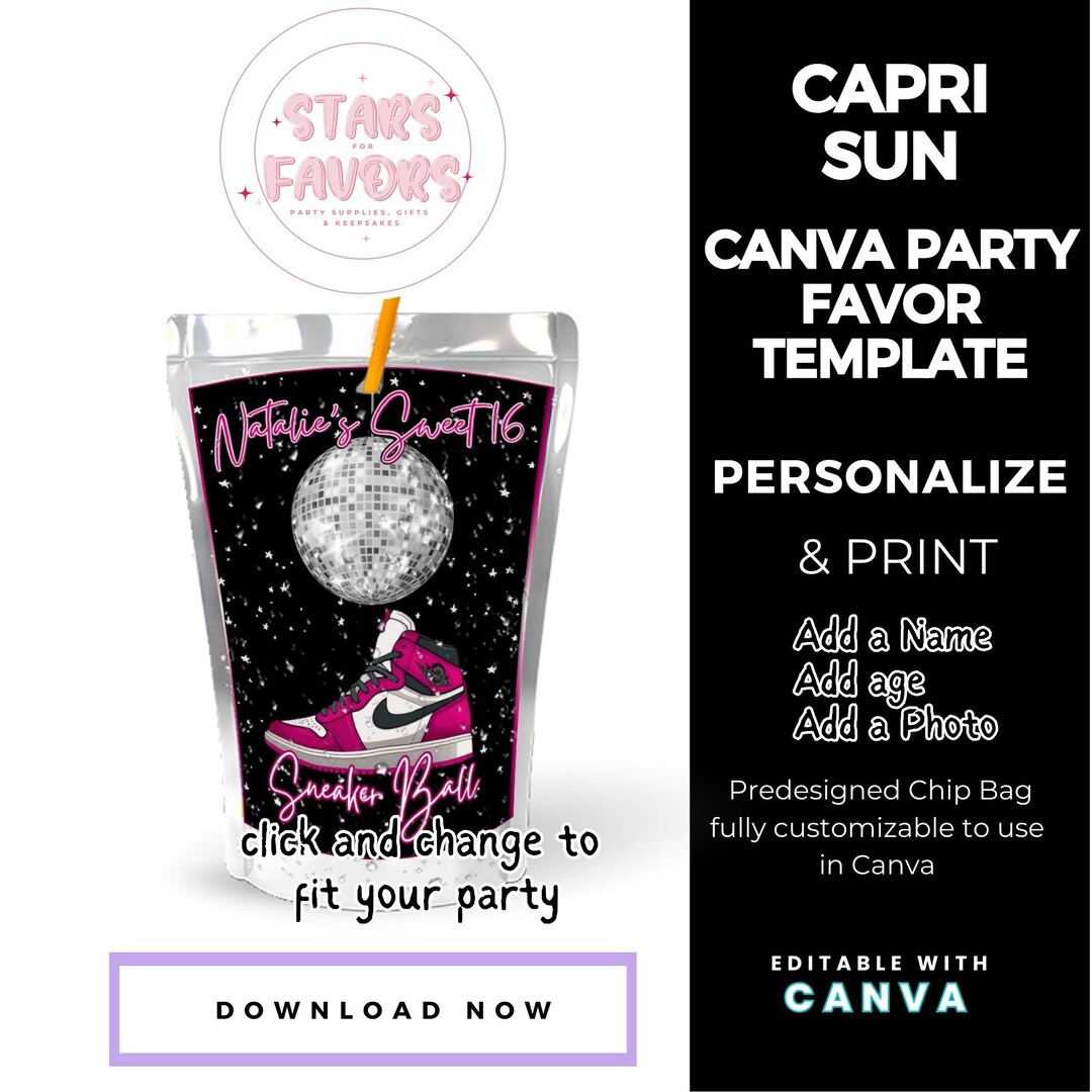 Sneaker Ball Party Birthday Party Capri Sun Juice Pouch CANVA Templates ...