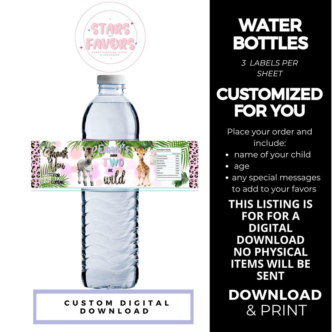 Two Wild Second Water Bottle Label Birthday Favor, Born Two Be Wild ...