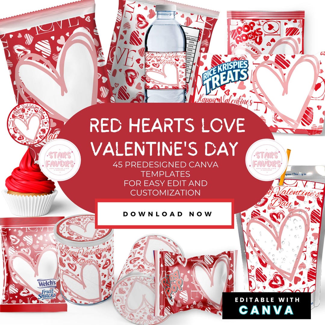 Red Hearts Love Valentine's Day Custom Valentine Party Bundle, Chip ...