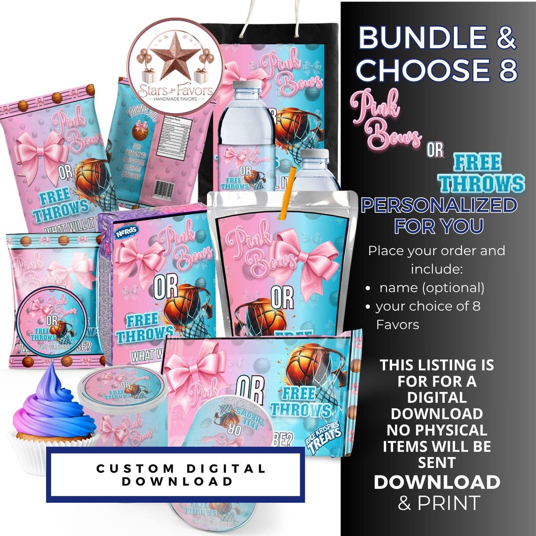 Choose 8 Pink Bows or Free Throws Gender Reveal Party Favor Bundle Baby ...