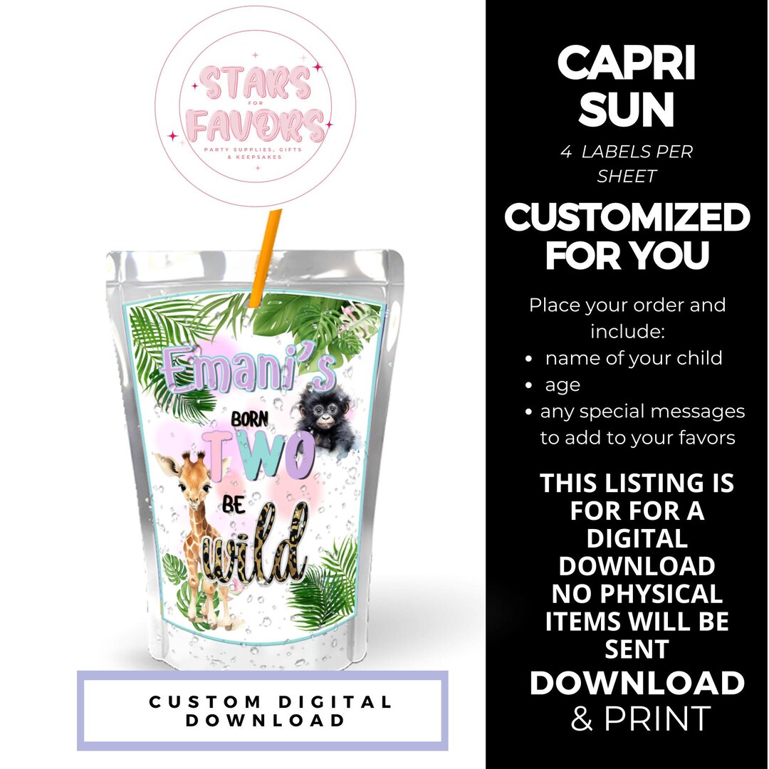 Two Wild Second Juice Pouch Label Birthday Favor, Born Two Be Wild ...