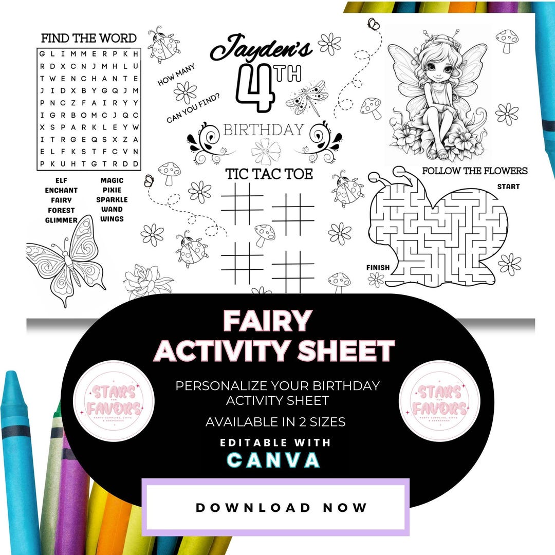 Fairy Birthday Party Coloring Placemat, Personalized, Printable, Custom ...