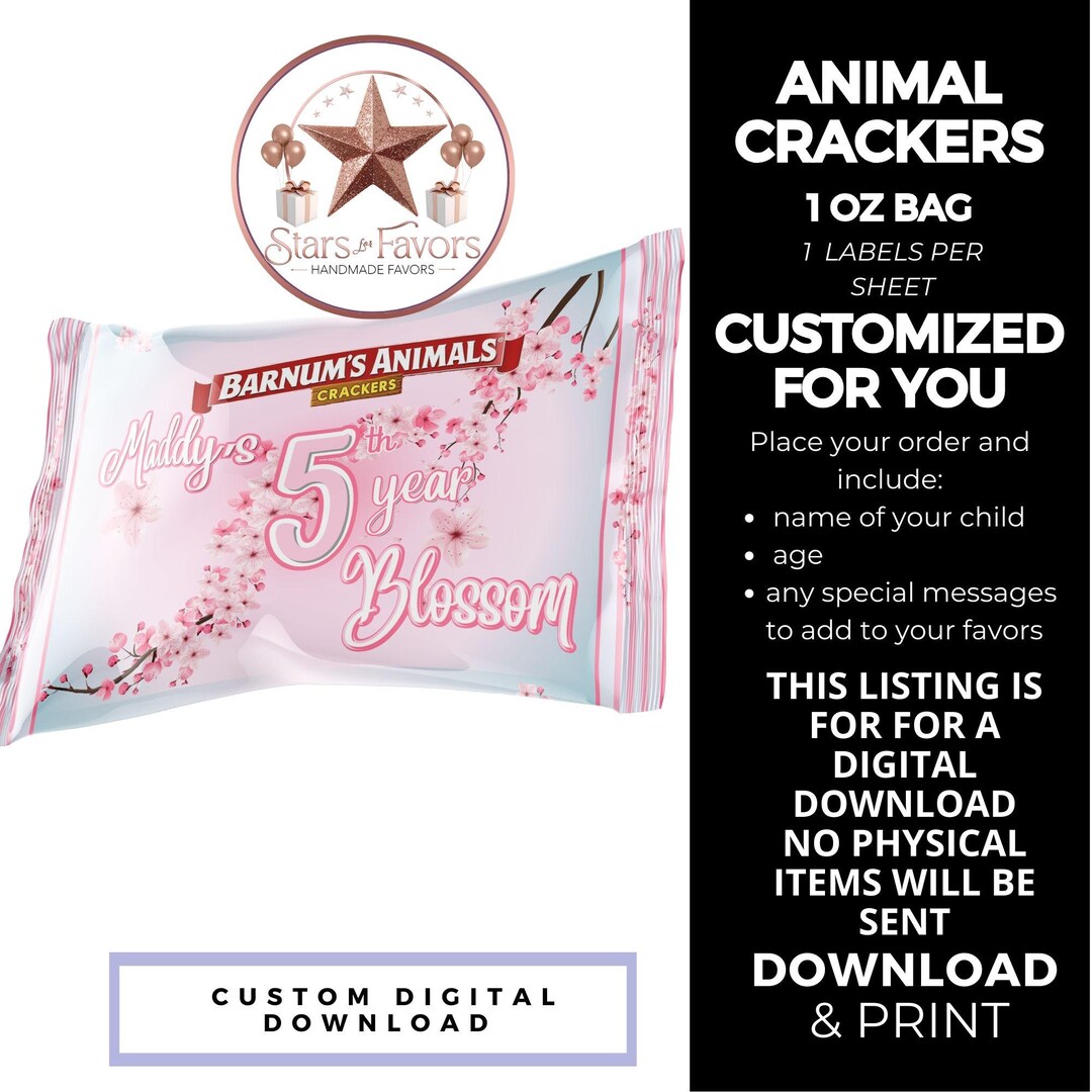Cherry Blossom Animal Crackers Wrapper Label: Custom Birthday Favor ...
