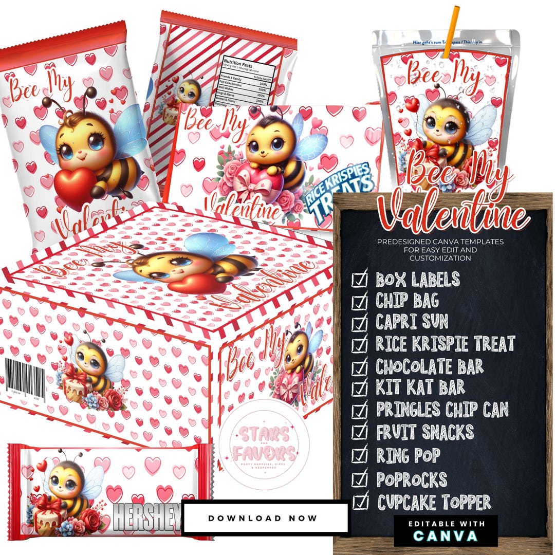 Bee My Valentines Day Box Editable Canva Templates Valentine Gift Treat ...