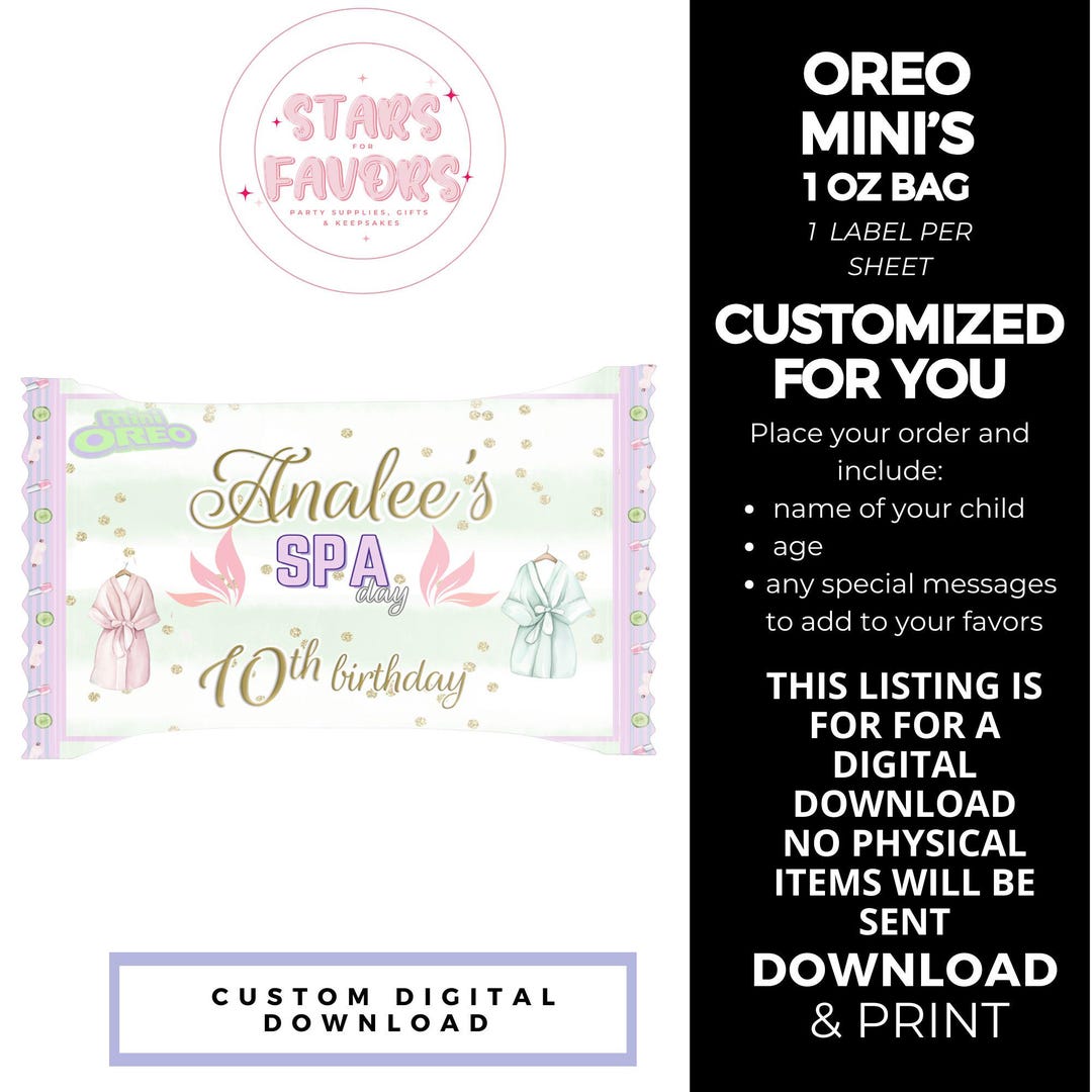 Spa Day Birthday Party Custom Party Favor Mini Oreos Wrapper Label ...