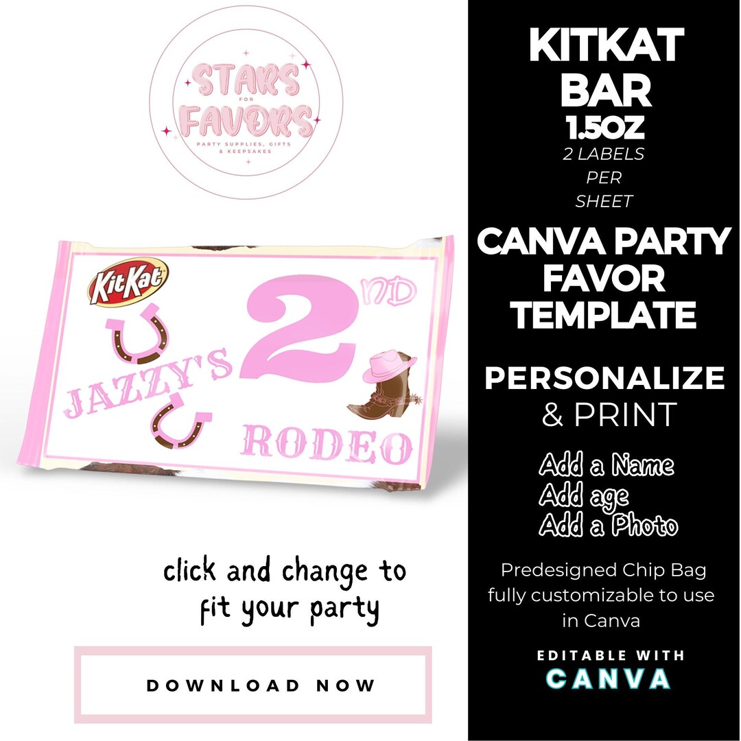 Pink Rodeo Birthday Party Kitkat Candy Bar CANVA Templates Printable ...