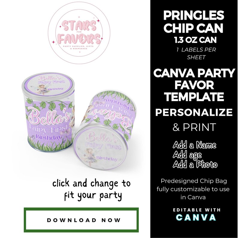 Fairy First Birthday Party Pringles Chip Can Wrapper Label CANVA ...