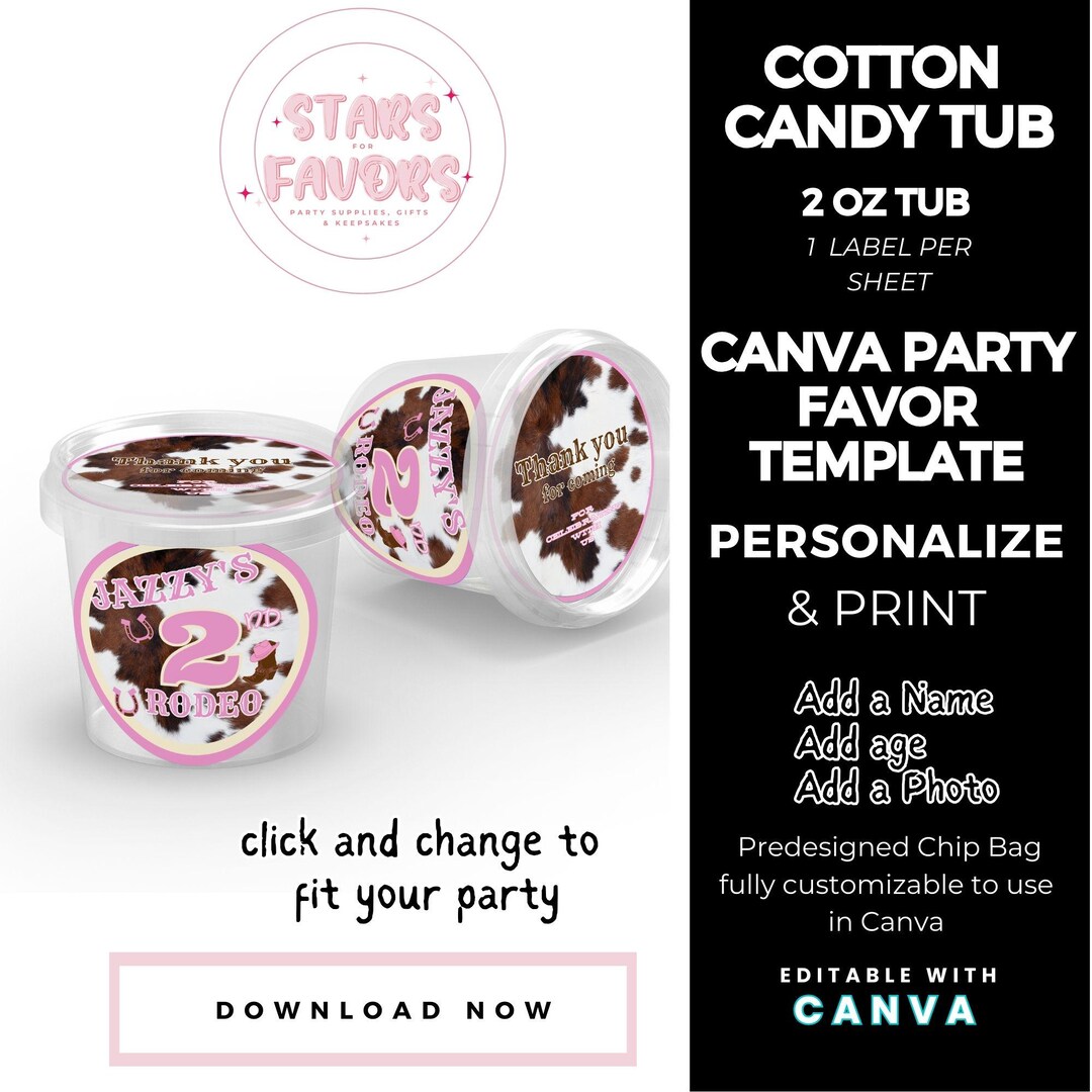 Pink Rodeo Birthday Party Cotton Candy Tub Label CANVA Templates ...