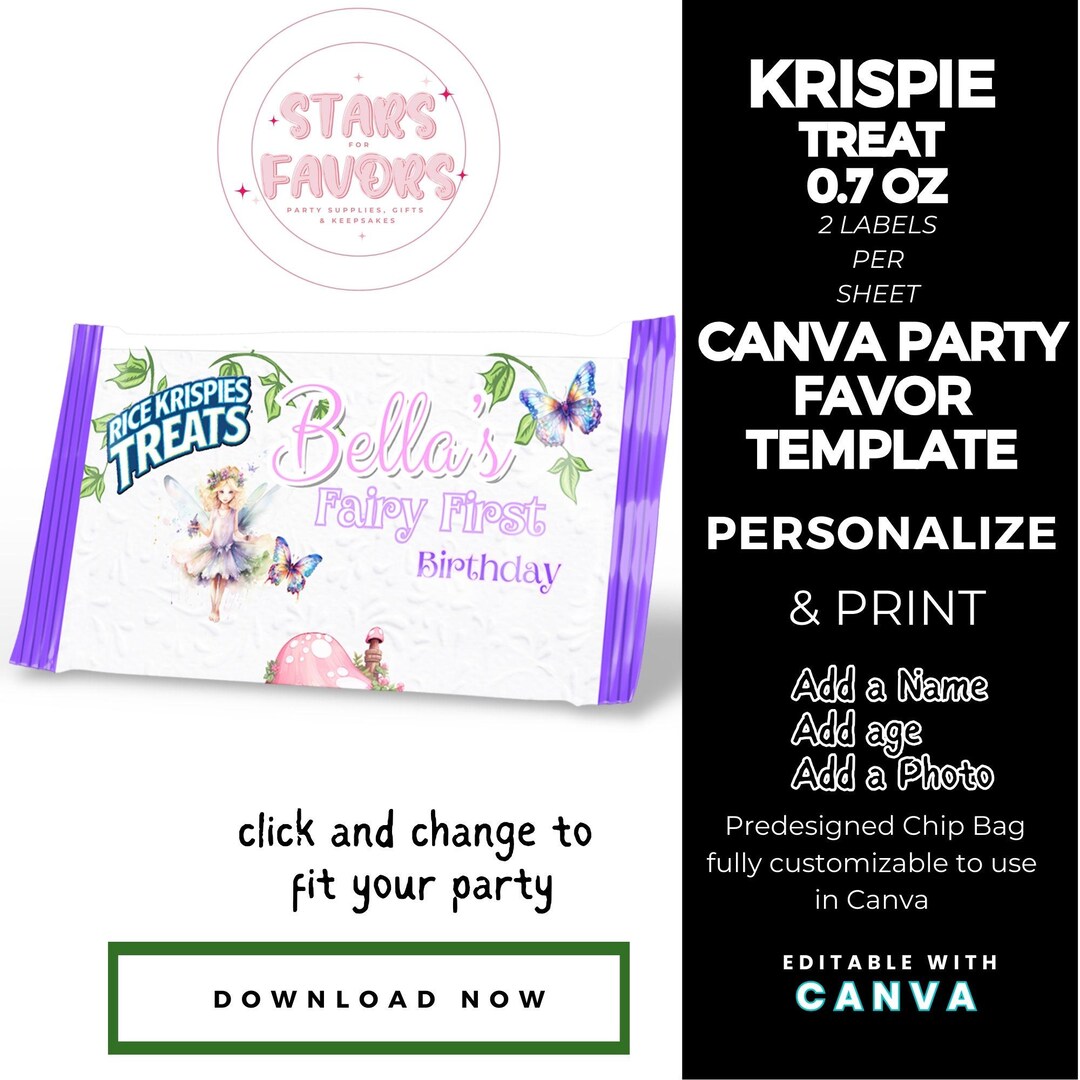 Fairy First Birthday Party Rice Krispie Treat Wrapper Label CANVA ...