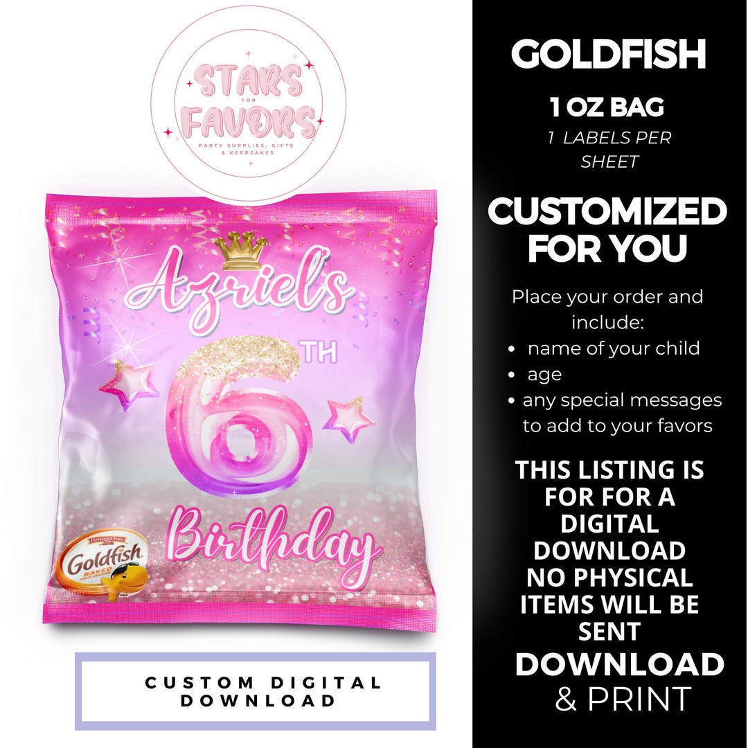 Pink Princess Crown Birthday Party Custom Goldfish Crackers Label ...