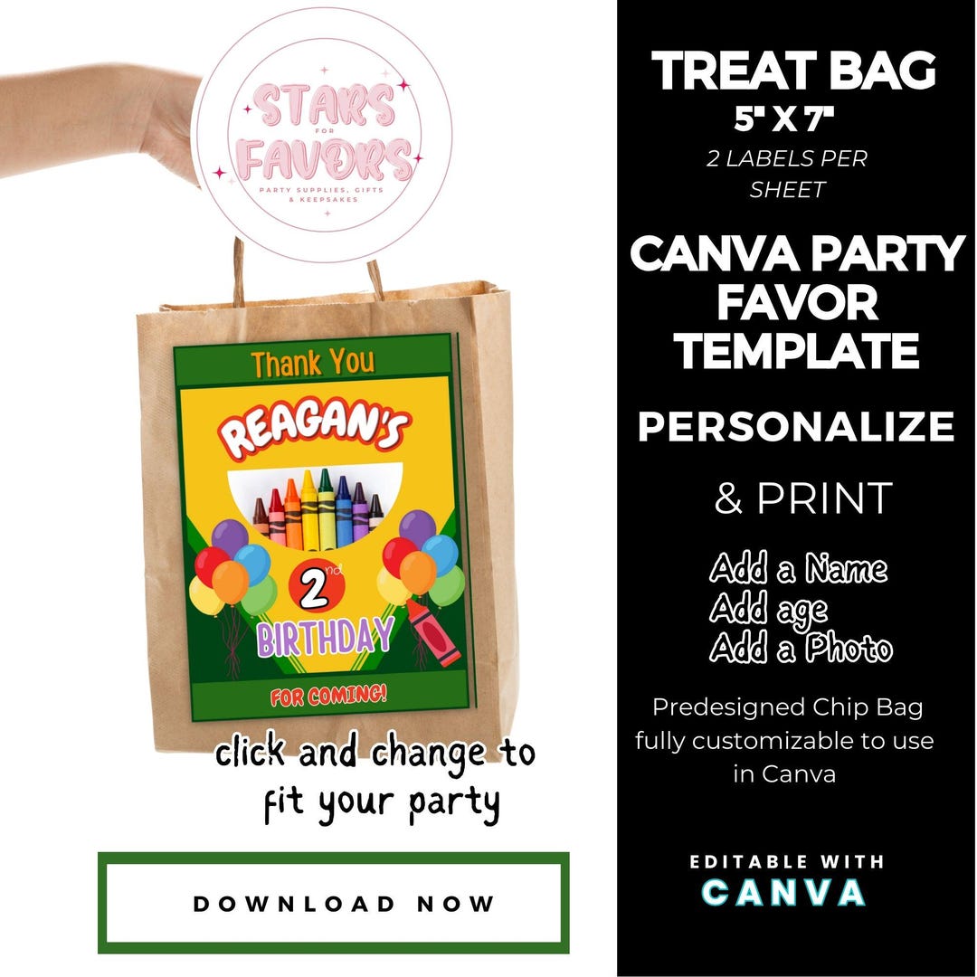 Crayon Color Birthday Party Personalized Treat Bag Label CANVA ...
