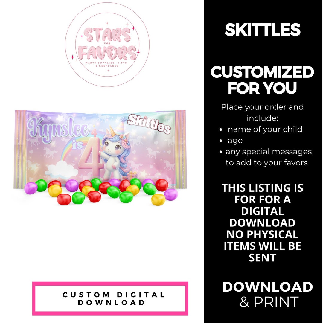 Rainbow Sparkle Unicorn Birthday Party Custom Skittles Candy Wrapper ...
