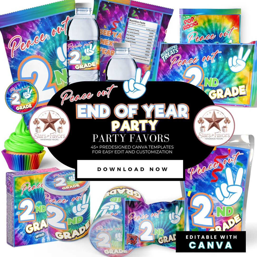 Tie Dye End of Year Party Graduation Favor Canva Template Bundle 40 ...