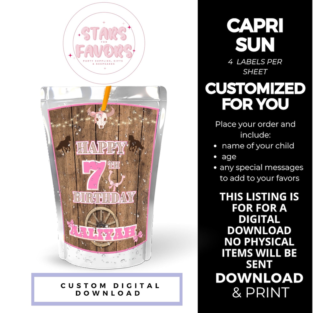 Cowgirl Rodeo Birthday Party Custom Juice Pouch Label, Pink Western ...