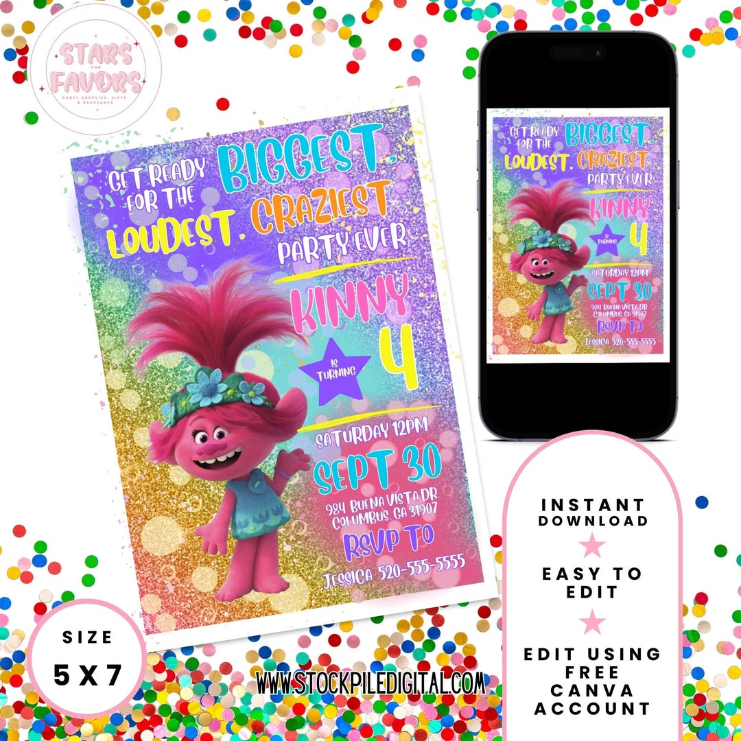 Trolls Craziest Party Birthday Invitation |trolls Printable Invitation ...