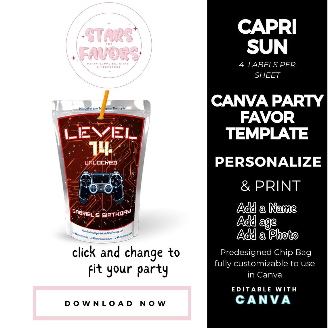 Red Level Unlocked Video Gamers Birthday Party Capri Sun Juice Pouch ...