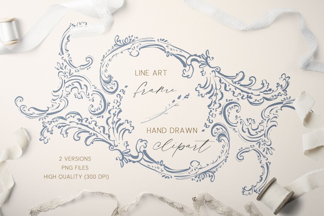 Dusty Blue Line Art Clipart, Hand Drawn Fine Art Frame Crest, Elegant ...