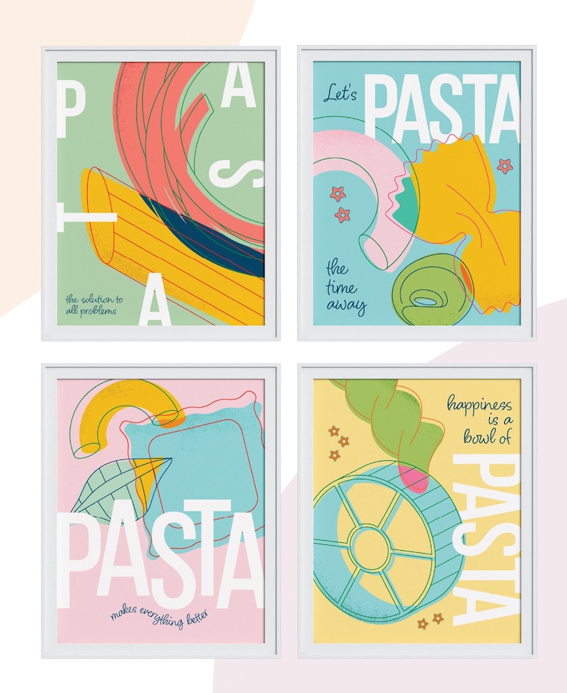 Pasta Illustration Poster Collection Printable Kitchen Poster Kitchen ...