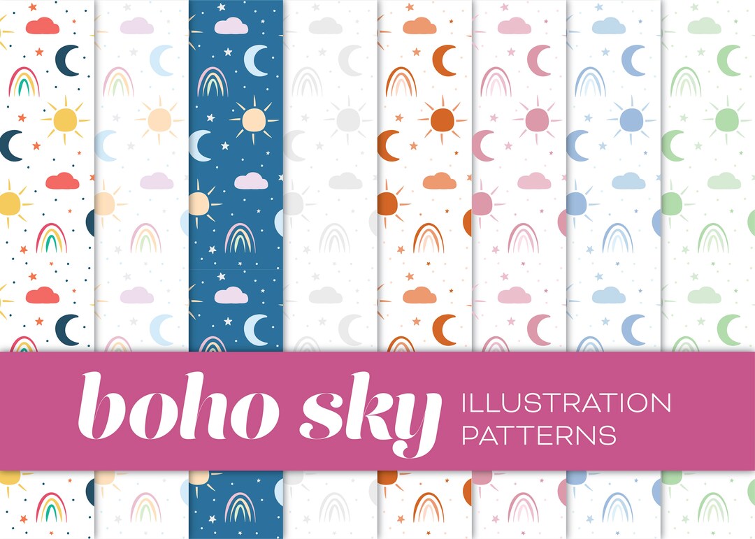 Boho Sky Illustration | 8 Seamless Patterns | Scrapbook Paper | 12"x12 ...