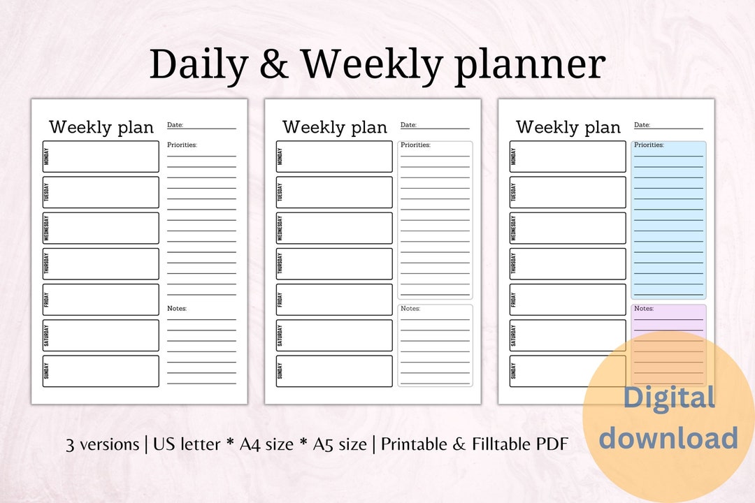 Simple Weekly Printable Planner, Minimalist Undated Schedule, Week at a ...